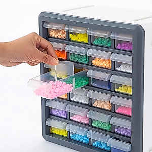 EZOWare Art Craft Storage Organizer Box, 24 Pull-Out Drawer Stackable Clear Plastic Divided Adjustable Container Bins for Small Parts, Scrapbook, Hobby, Sewing Supplies, Jewelry - White/Gray