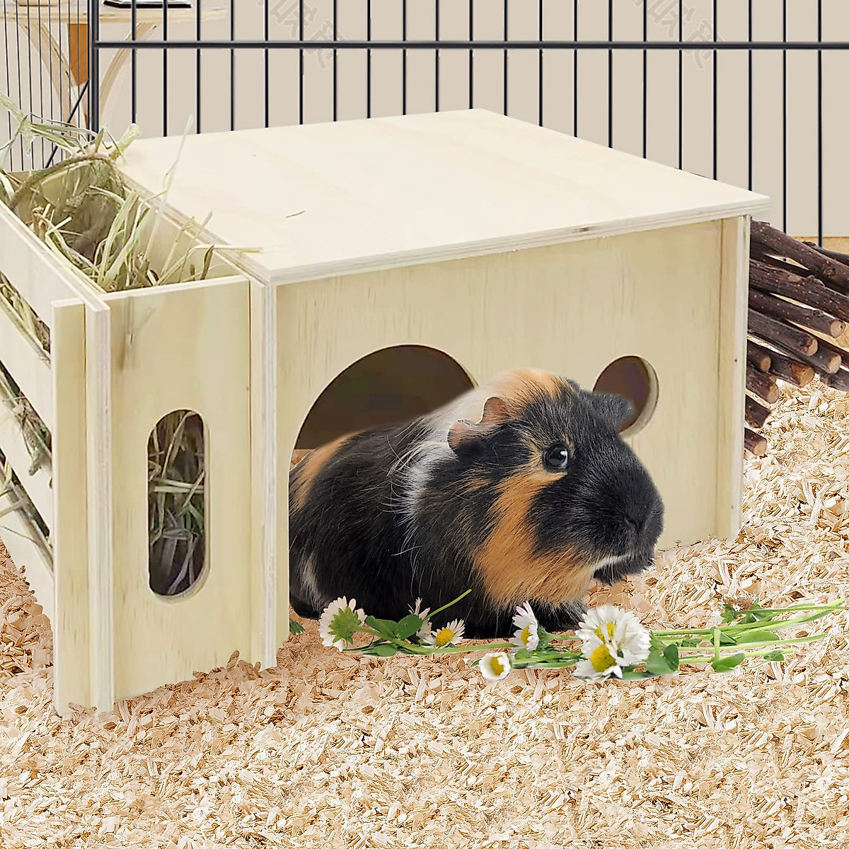 Acsist Guinea Pig Wooden Hideout with Hay Feeder Hamster Wood House Detachable Small Animal Hideouts for Chinchilla Dwarf Rabbit Hamster Hut Hedgehog