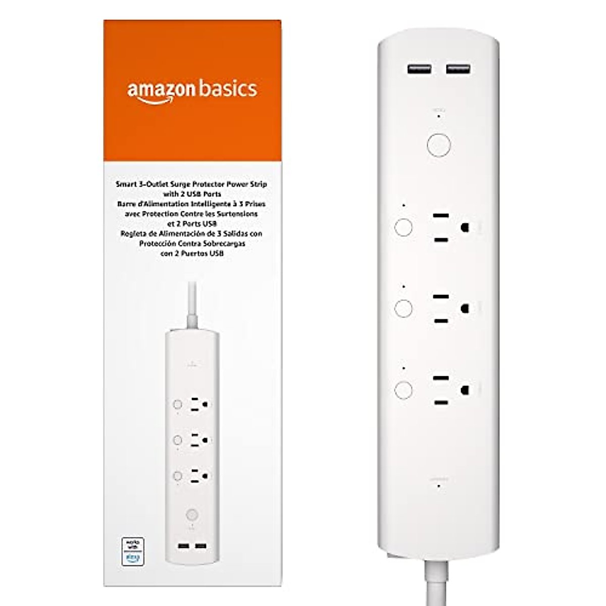 Amazon Basics Smart Plug Power Strip, Surge Protector with 3 Individually Controlled Outlets and 2 USB Ports, 2.4 GHz Wi-Fi, Works with Alexa