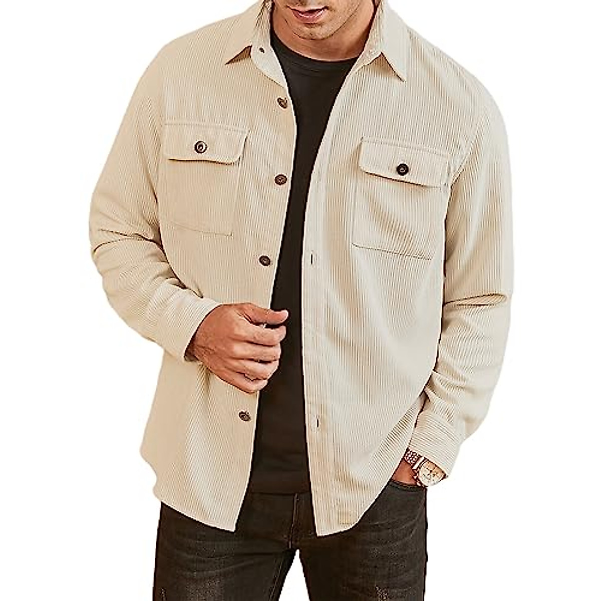 JMIERR Mens Corduroy Casual Button Down Shirts Long Sleeve Jackets Slim Fit Jacket with Flap Pockets, US 43(L), A Apricot