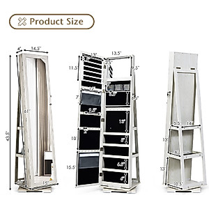 COSTWAY 360 Rotating Jewelry Armoire Cabinet, Standing Jewelry Organizer w/Full-Length Mirror & Large Storage Space, Lockable Mirror Jewelry Cabinet for Girls Women (White)