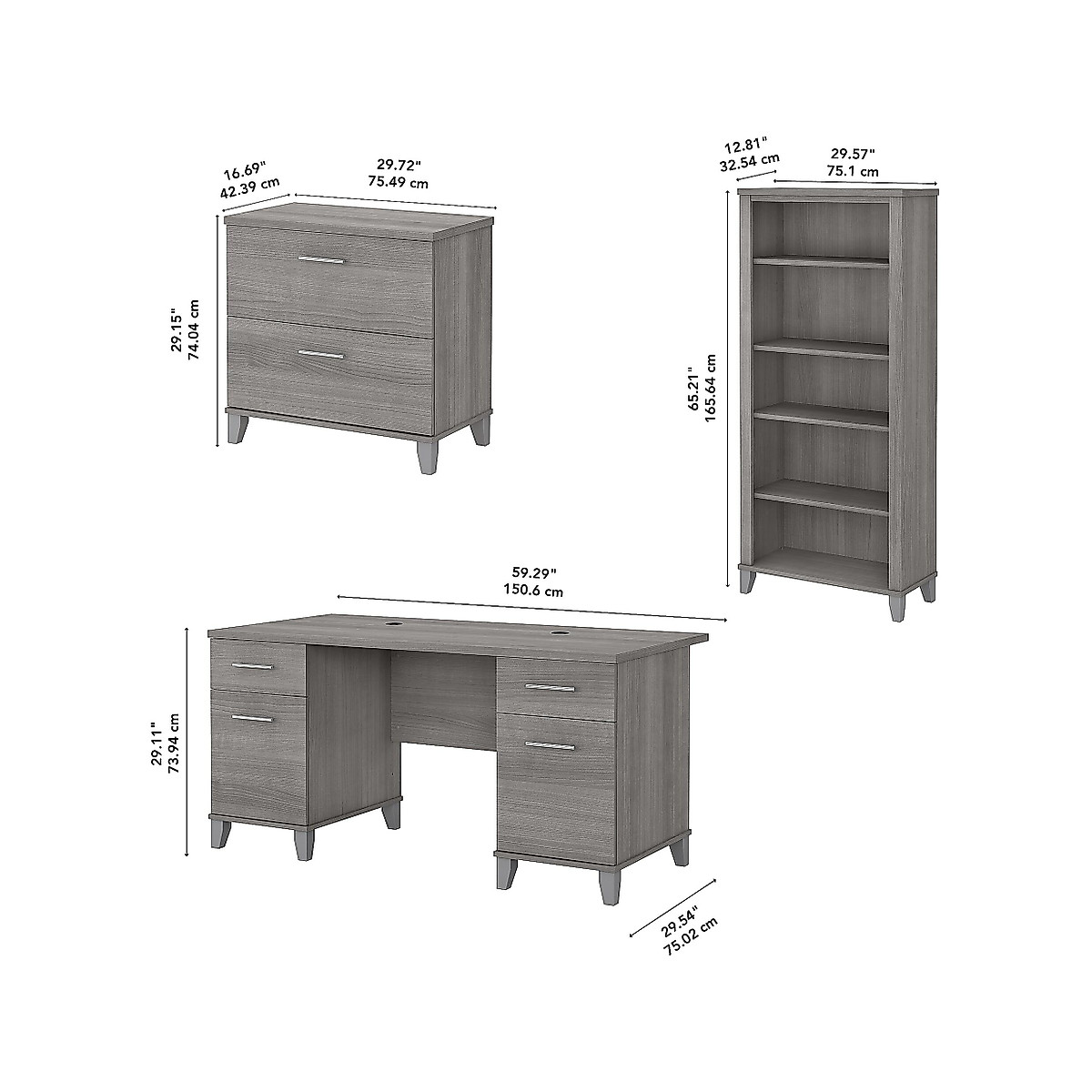 Bush Furniture Somerset 60W Office Desk with Lateral File Cabinet and 5 Shelf Bookcase in Platinum Gray