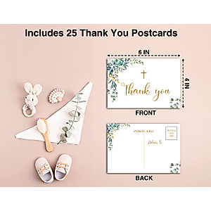 Eyouyeqi Baptism Thank You Post Cards, Greenery Baby Shower Thank You Card, Gold Foil 1st Communion Religious Christening Ceremony Celebration, Gender Reveal Party Decorations - A03(25 Pack)
