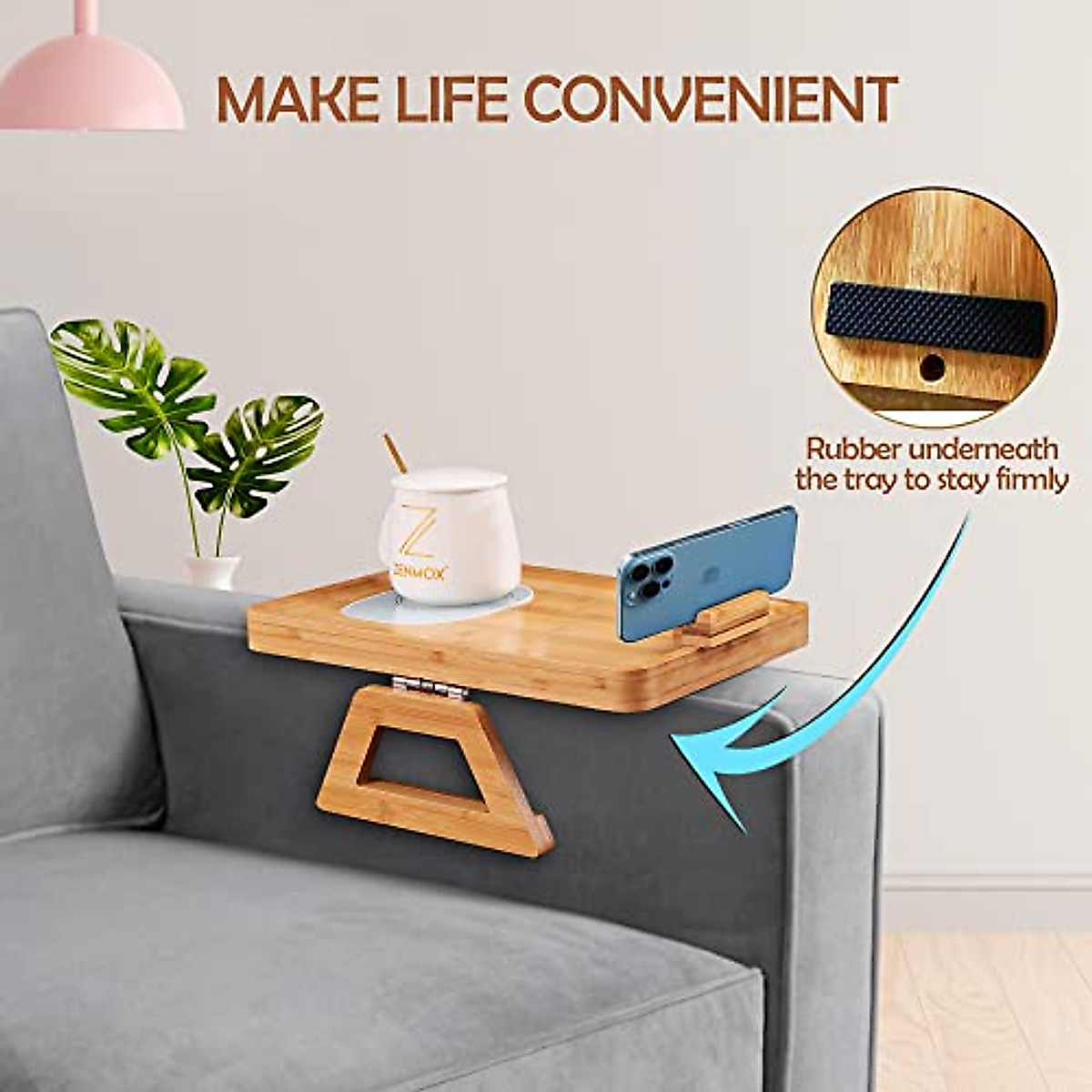 Zenmox Bamboo Clip On Couch Tray Built-in Mug Warmer with Mug Set - Table for Food, Drink Holder - Modern, Sleek Design - with 360° Rotating Phone Holder