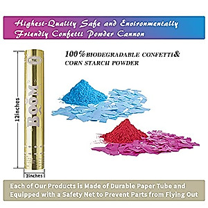 Gender Reveal Confetti Powder Cannon - 2 Blue & 2 Pink Baby Shower Poppers - Gender Reveal Party Supplies - Smoke Powder & Confetti Cannons with 4 Stickers, Mixed Confetti & Powder