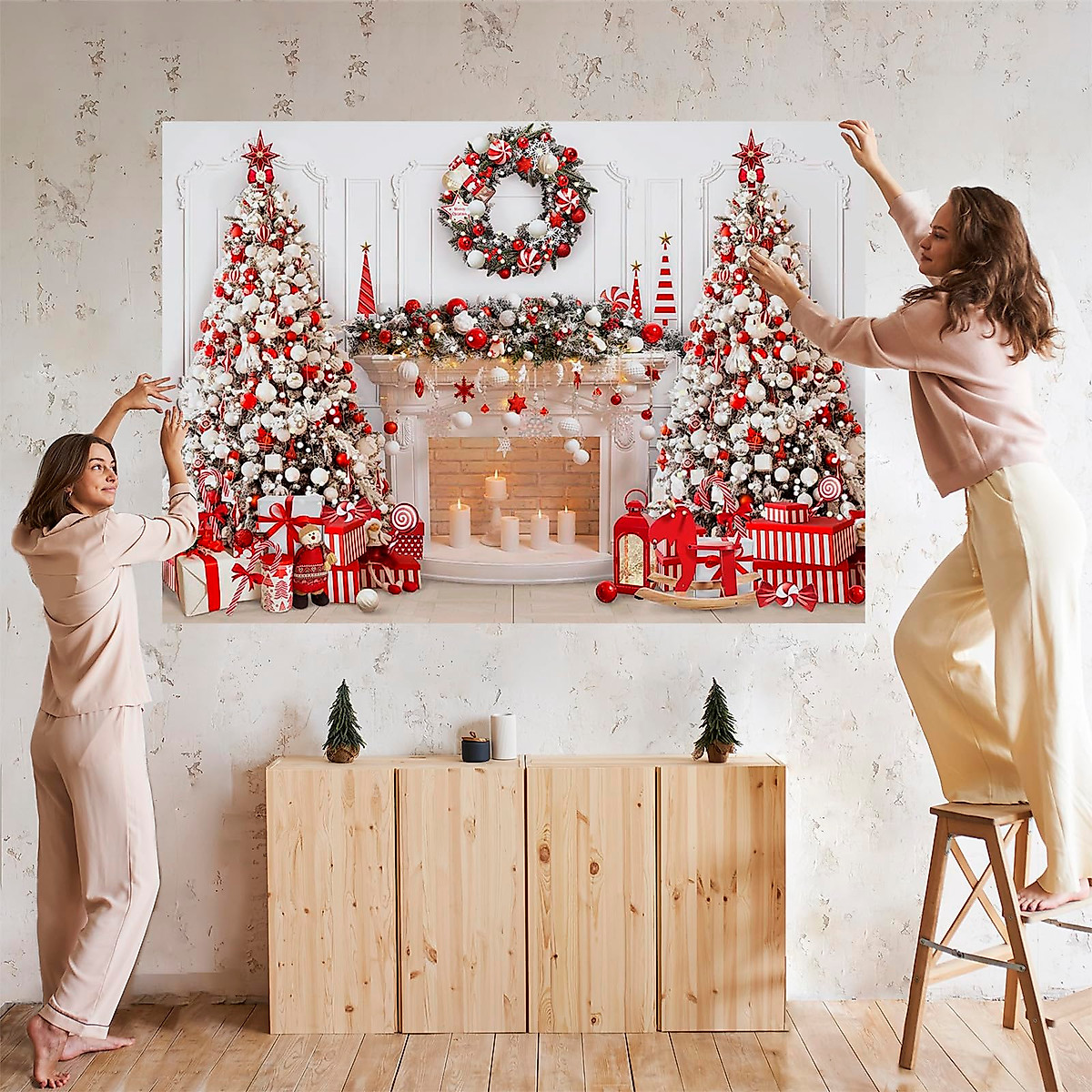 Mocsicka Christmas Fireplace Backdrop White Red Christmas Tree Photography Background Winter Christmas Family Kids Holiday Party Banner Decorations Photo Booth Props (Red, 10x7ft(120''x82''))