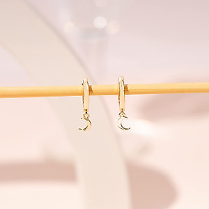 PAVOI Rhodium Plated 925 Sterling Silver Post Celestial Dangle Huggie Hoop Earrings For Women - Trendy Moon Hoop Earrings - Small Hinged Huggies