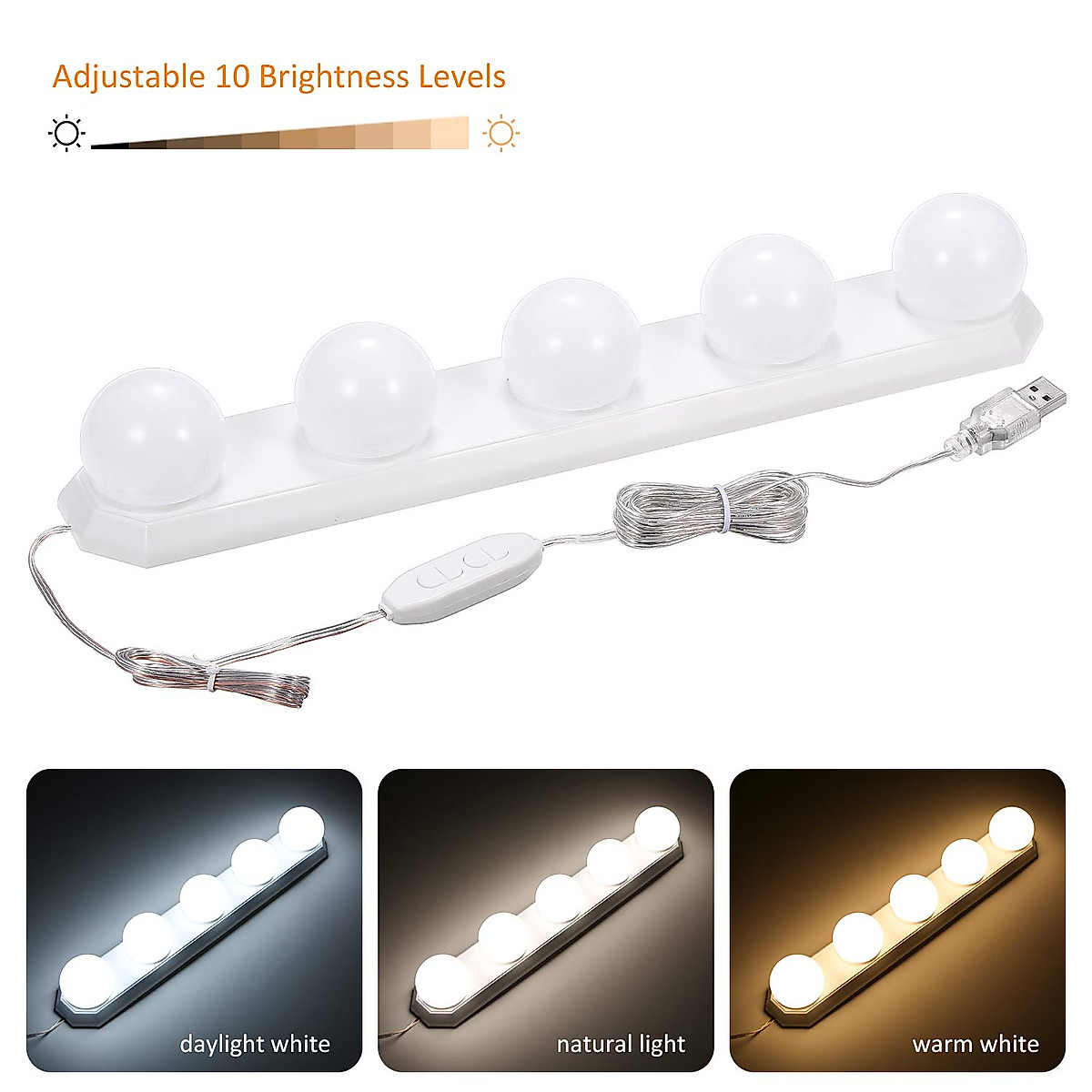 Tomshine LED Vanity Lights for Mirror 5 Bulbs 3 Color Modes Brightness Dimmable 4W USB Power Makeup Cosmetic Table Dressing Light for Bathroom Dressing Room Christmas Gift