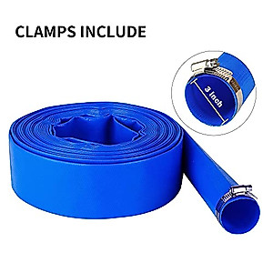 DAVCO 3" x 50 ft Pool Backwash Hose, Heavy Duty Reinforced Blue PVC Lay Flat Water Discharge Pump Hoses For Swimming Drain Pools and Clean Filters,with 1 Clamp