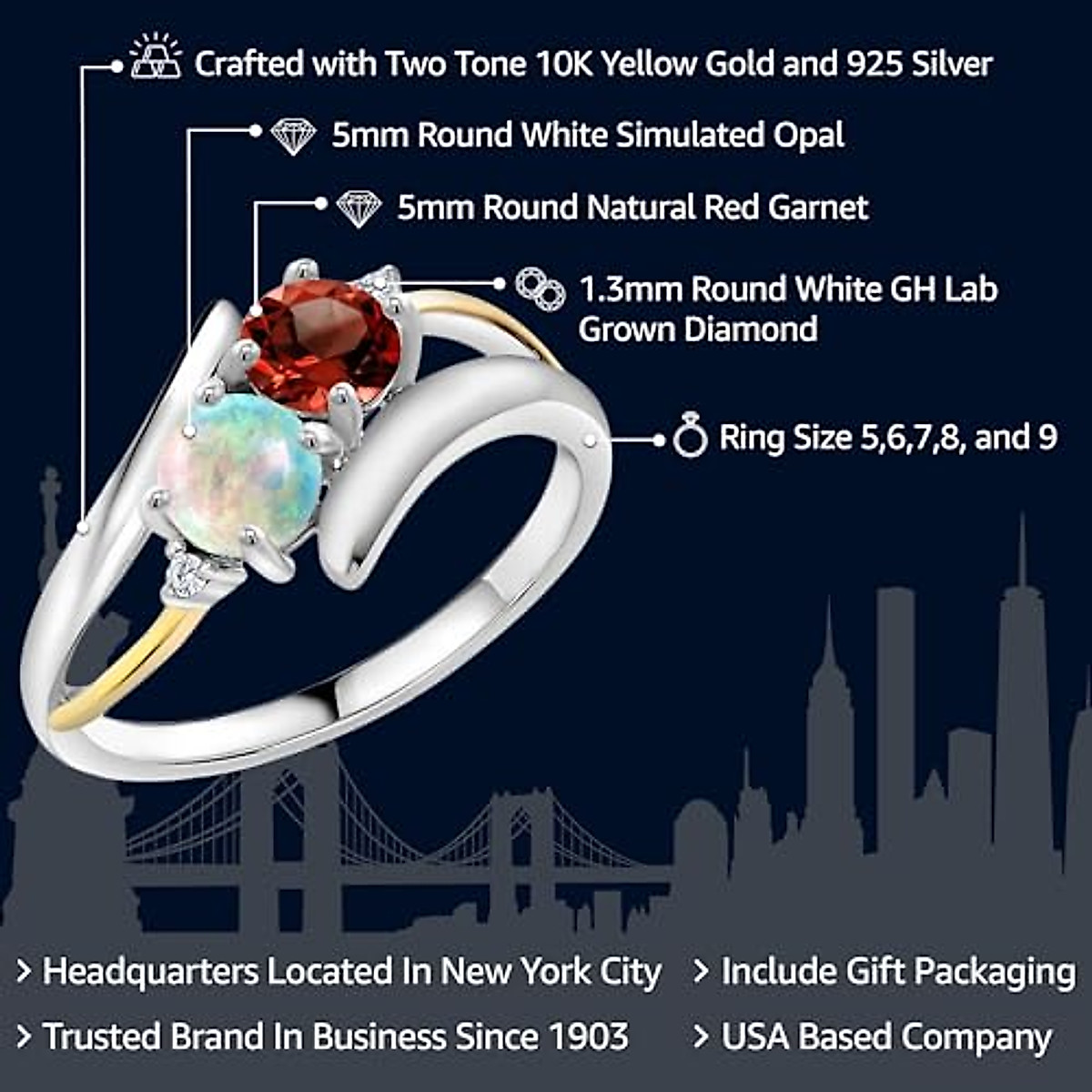 Gem Stone King 925 Sterling Silver and 10K Yellow Gold Red Garnet White Simulated Opal and Lab Grown Diamond 2 Stone Crossover Ring (1.52 Cttw, Available in size 5, 6, 7, 8, 9)