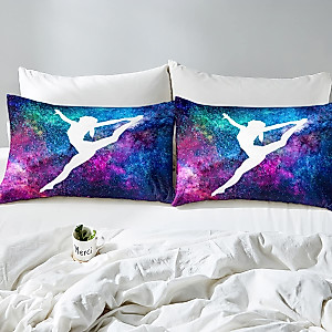Erosebridal Gymnastic Bed Sheet 3 Pieces, Gymnast Lovers Sheet Set Galaxy Starry Sky Fitted Sheet Funny Dancer Silhouette Top Sheet + 1 Pillow Case Gymnast Gifts for Girls Teens Women, Twin Size