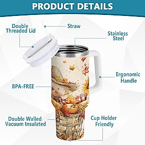 ODAWA Cute Scarecrow Autumn Maple Leaves Iced Coffee Tumbler Reusable Insulated Cup with Straw Water Cup