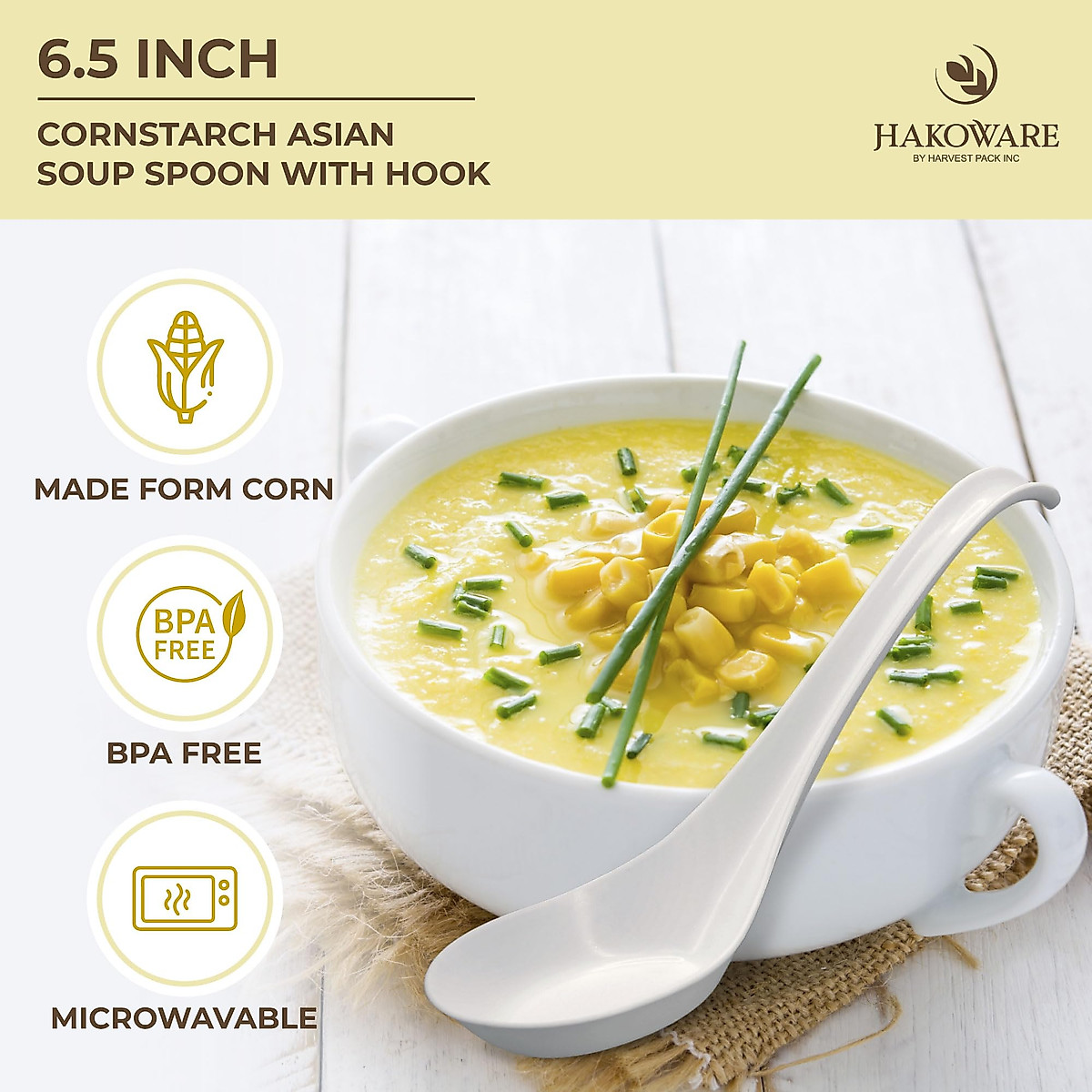 [600 COUNT] HAKOWARE by HARVEST PACK Disposable Asian Soup Spoons with Hook, made from Plastic, for Take-out Ramen Pho Noodles