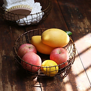 Vintage Handmade Woven Wrought Iron Mesh Fruit Basket Bowl Creative Bronze Snack Plate Tray Holder Stand Round Serving Storage Container (Medium(1pc))
