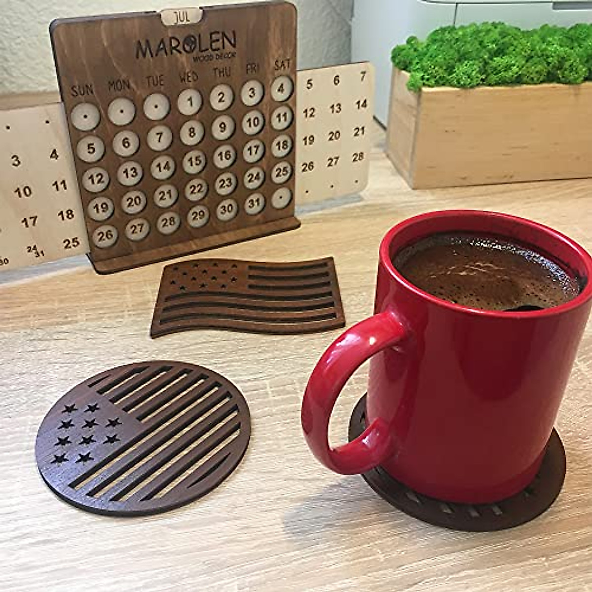 Independence Day Wood Coasters Set - This USA Gift Include 4pcs Carved American Flag Wooden Coasters for Drinks - Great Patriotic Home Decorations
