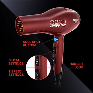 RED PRO 3200 Turbo Pro Detangler AC Hair Dryer, 3 Heat/2 Speed Settings, Cool Shot Button, Powerful Airflow, 3 Additional Styling Attachments with Detangling Pik