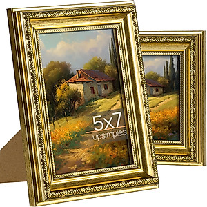 upsimples 5x7 Picture Frame with Real Glass, Ornate Vintage 5 x 7 Photo Frames for Wall Decor or Tabletop Display, Gold, 2 Pack