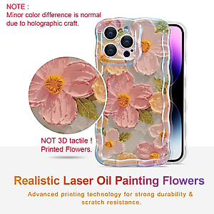 EYZUTAK Case for iPhone 14 Pro Max, Colorful Retro Oil Painting Printed Flower Laser Glossy Pattern Cute Curly Wave Edge Exquisite Stylish Durable TPU Protective Phone Cover for Girls Women-Green