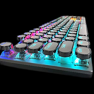 CHICHEN Mechanical Gaming Keyboard,USB Wired,Retro Steampunk Typewriter Keyboard Round Keycaps,Moveable Wrist Rest,for Laptop Desktop PC (Silver-Blue Switches)