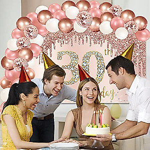 Happy 30th Birthday Banner Backdrop Decorations with Confetti Balloon Garland Arch, Rose Gold 30 Birthday Banner Balloon Set for Women, Pink 30 Year Old Bday Poster Photo Booth Decor