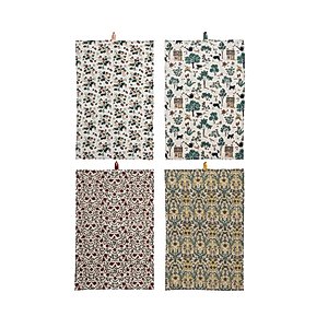 Creative Co-Op Cotton Printed Pattern, 4 Styles Tea Towels, 28" L x 18" W x 0" H, Multicolor