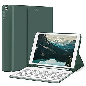 Keyboard Case for iPad 9th/8th/7th Generation 10.2 Inch 2021/2020/2019, Soft TPU Back Stand Cover Smart Case with Pencil Holder, Magnetically Detachable Wireless Bluetooth Keyboard, Dark Green