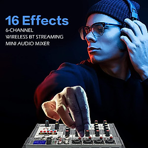 BOMGE 6 channel Audio DJ Console Mixer with Dua UHF Wireless Microphone,USB, Bluetooth, 48V phantom,16 Echo/Delay for Home Studio Recording DJ Network Live Karaoke PC Guitar