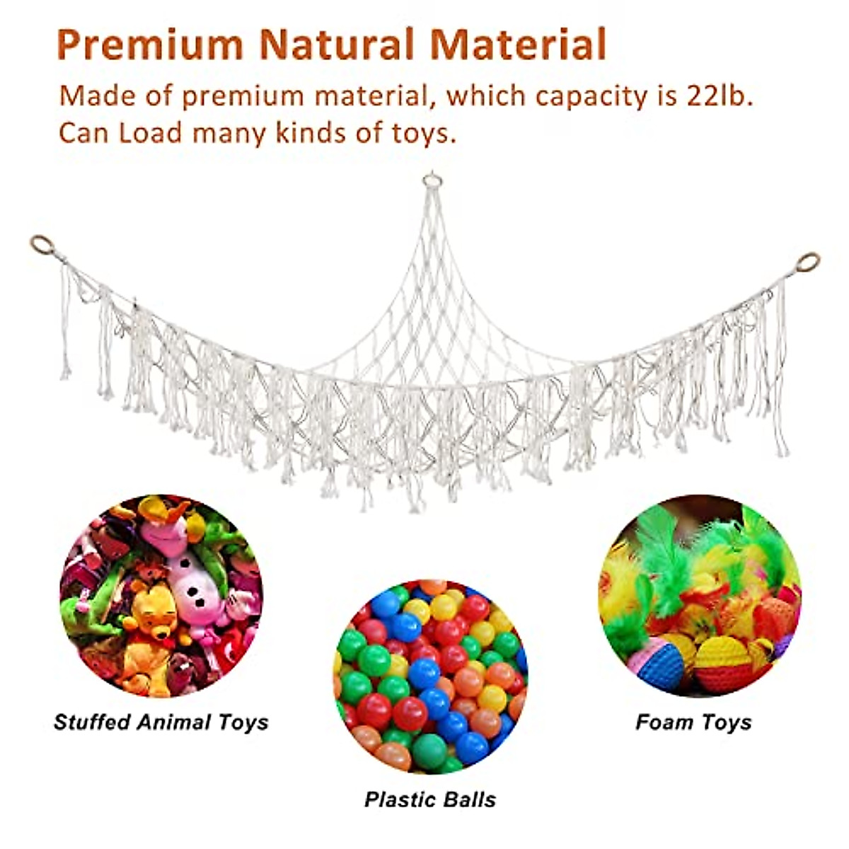 CUHIOY Toy Hammock for Stuffed Animals Large, Toy Storage Net Fits 40 Teddy Bears with Lights, Kids Mesh Hanging Nursery Organizer, Plush Toys Holder on Bedroom Wall Corner Decoration（ Beige）｜64x 64x 45 Inch