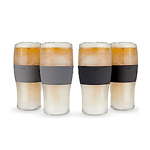Host Freeze Beer Glasses, 16 ounce Freezer Gel Chiller Double Wall Plastic Frozen Pint Glass, Set of 4, Black and Grey