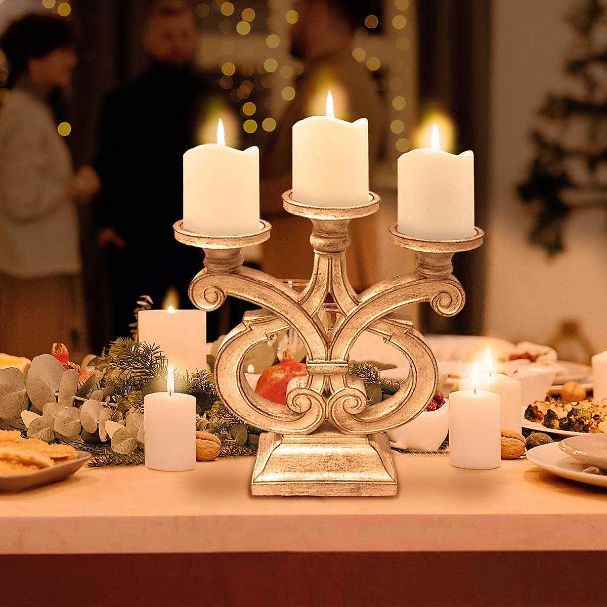 Antique Resin Candle Holder W/3 Arms,Fit 3.1" Candle, 11.8" H Candle Holders ,Ideal for LED & Pillar Candles, Gifts for Wedding,Party, Home, Spa, Reiki, Aromatherapy,Votive Candle Gardens.