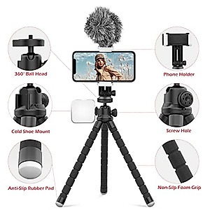Aureday Cell Phone Tripod, Flexible Mini Tripod with Remote and Cold Shoe, Small Tripod Stand for Video Recording, Vlogging, Compatible with Microphones,Cellphone,Camera,Gopro