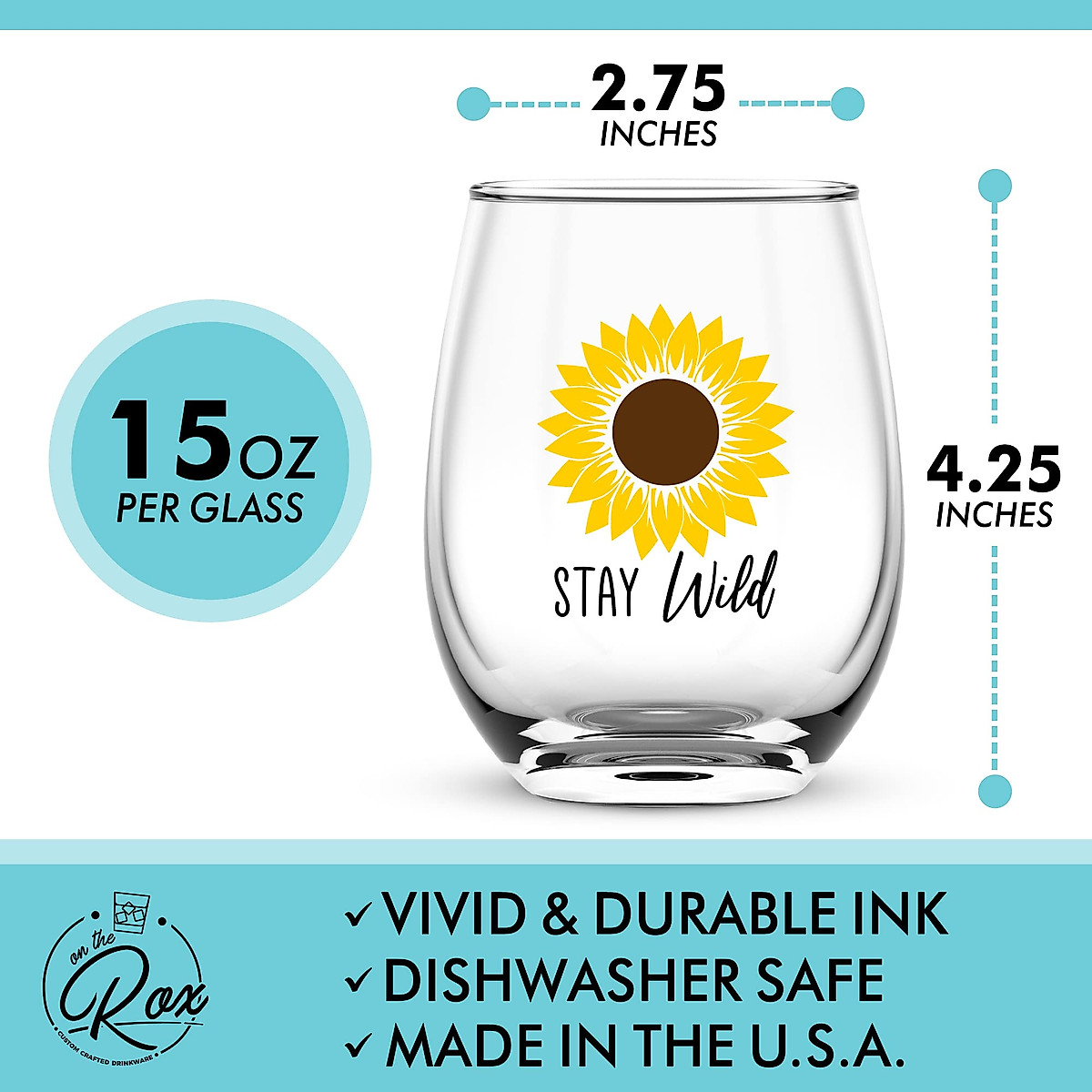 On The Rox Drinks Sunflower Wine Glasses Set of 2 - You Are My Sunshine - Sunflowers Gifts for Women and Kitchen Decor Accessories - Wine Tumbler Cup Glass Set - Sunflower Gift for House - 15 Oz