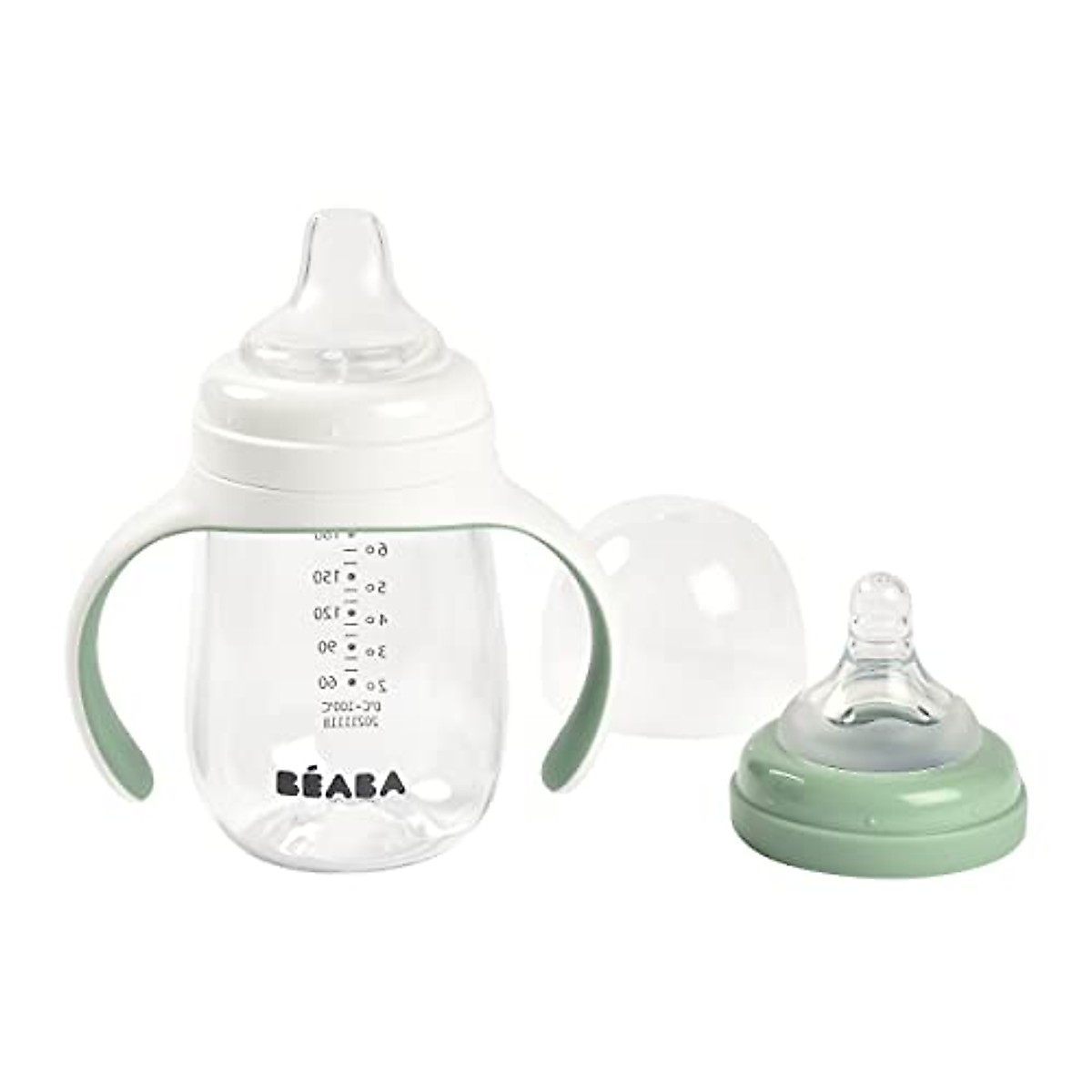 BEABA 2-in-1 Baby Bottle to Training Sippy Cup, Learning Cup, Baby Bottle Nipple and Soft Silicone Sippy Spout, Spill Proof, Baby, Toddler 7 oz (Sage)