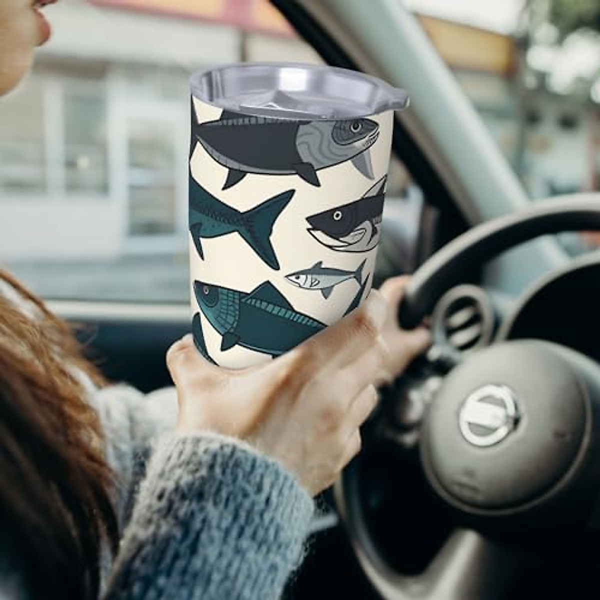 fish Tumbler with Lid and Straw 20oz Stainless Steel Car Cup for Hot and Cold Drinks, Double Wall Insulated Travel Coffee Mug Reusable Drink Thermos Cup Birthday Gifts