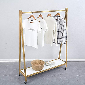 OLDRAINBOW Clothing Racks with Wood Shelves 59in,Retail Rolling Display Rack with Wheels,Commercial Clothes Racks for Hanging Clothes,Metal Garment Rack(Gold)