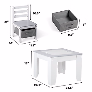 Kinder King Kids Wood Table & 2 Chairs Set, 3 in 1 Children Activity Table w/Storage, Removable Tabletop, Blackboard, 3-Piece Toddler Furniture Set for Art, Crafts, Drawing, Reading, Grey& White…
