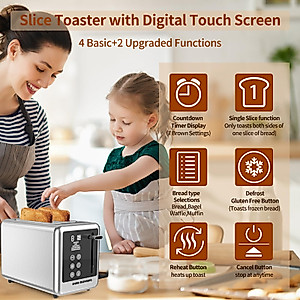 Smart Toaster Digital Tuch Screen Toaster with 5 Bread Selection 7 Shade Setting and Bagel/Defrost/Cancel/Reheat Function 1.5” 2 Slice Stainless Steel Toaster with Removable Crumb Tray
