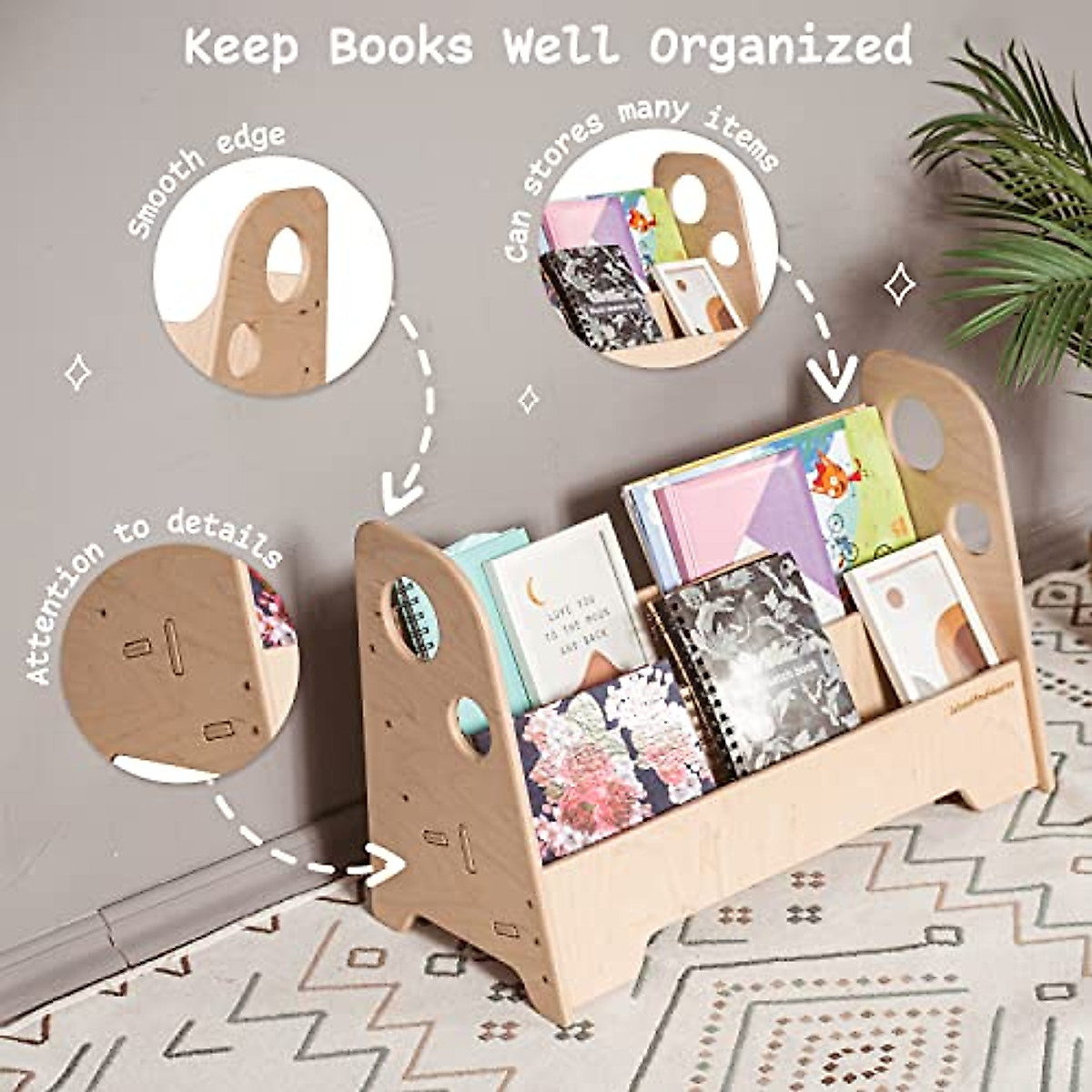 Woodandhearts Montessori bookcase - Wooden bookshelf for toddlers - Floor bookshelf for modern kids - Front facing bookshelf (Adam)