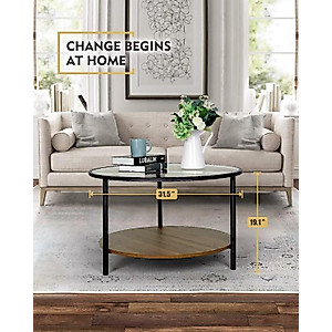 Moncot Round Coffee Table Small Coffee Table with Glass Top and Walnut Wood Shelf Modern Center Table with Metal Frame for Living Room