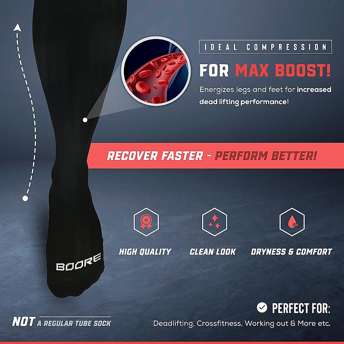 BOORE - Deadlift OCR socks Weightlifting Compression Socks With Shin Drag Protection Unisex 15-20mmhg (black Large/X-Large)