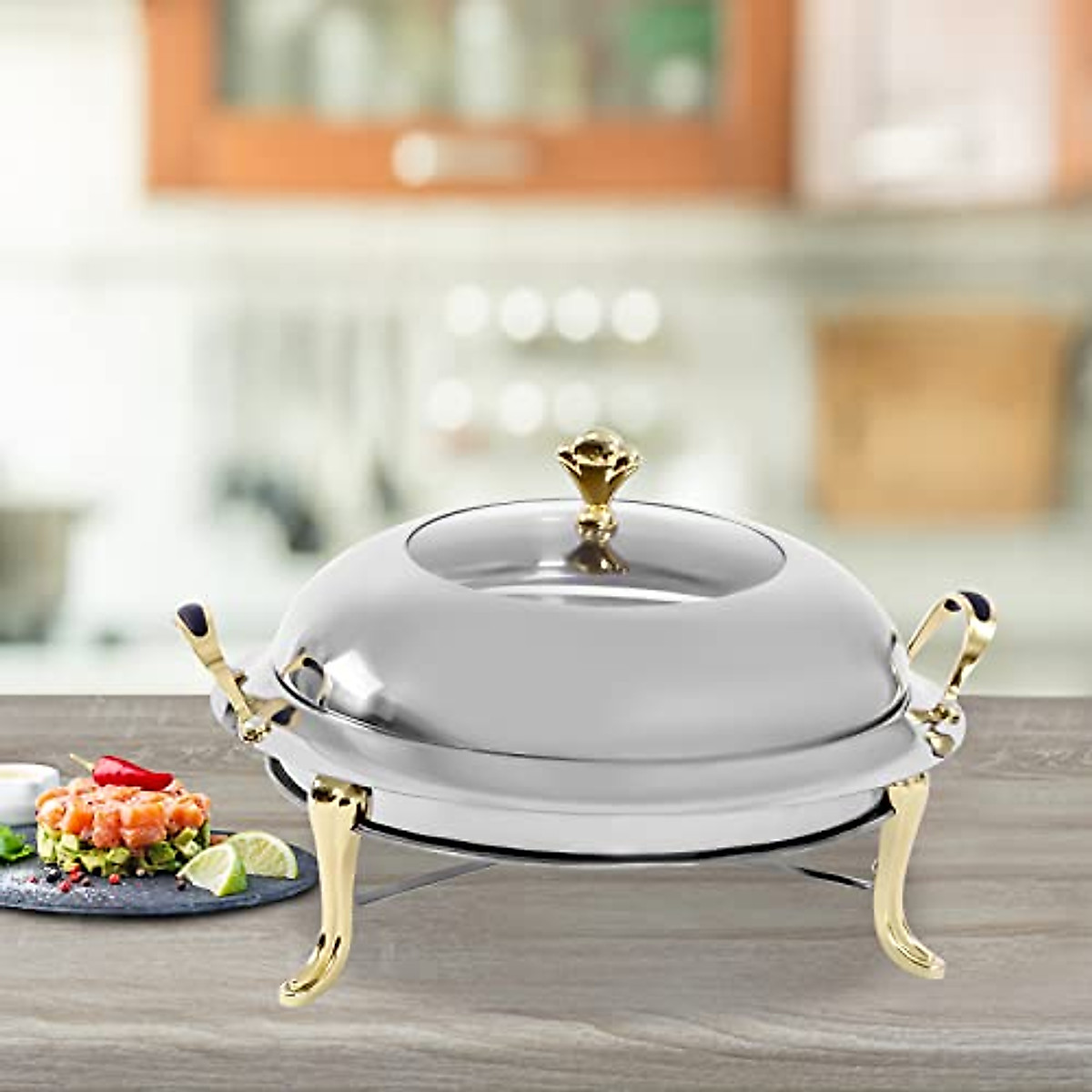 Fichiouy Stainless Steel Chafing Dish Round Durable Buffet Warmer Tray with Lid, Chafing Fuel Holder for Kitchen Party Dining Buffet Without Water Pan