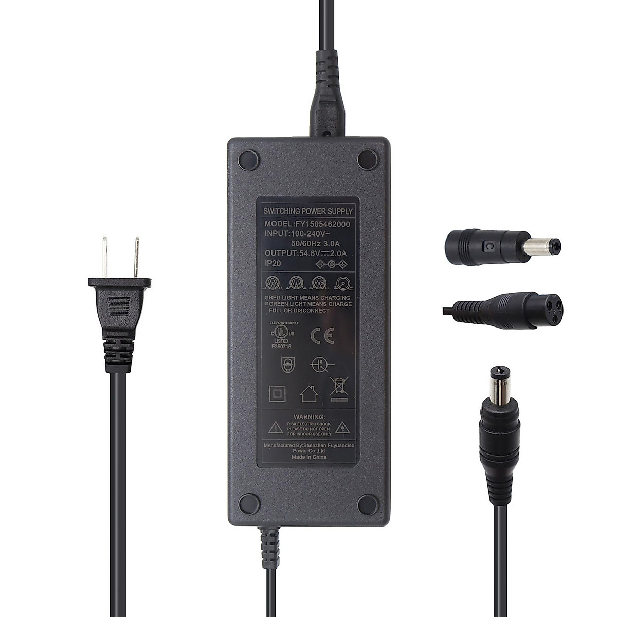 UL Listed Output 54.6V 2A 48V Lithium Battery Charger for 48V 13S Lithium Battery Pack DC Plug 5.5mm 2.1mm with 5.5 * 2.5mm & GX16 12mm 3-Prong Female Inline Tips