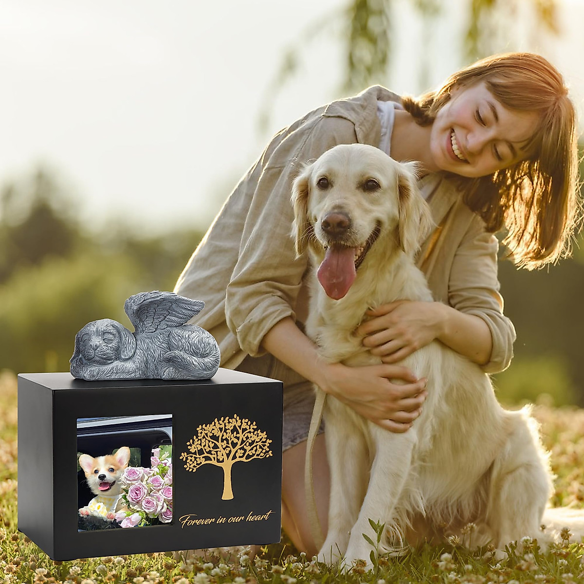 The7boX Pet Urn Dog Ashes Box Wooden Black Dog Urns for Ashes Comes with Dog Angel and Ashes Bag