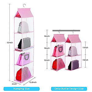 KEEPJOY Closet Purse Organizer, Hanging Handbag Organizer with 4 Heavy-Duty Mesh Shelves Closet Purse Storage Bag (Pink)