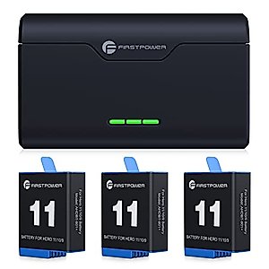 FirstPower Hero 11/10/9 Battery 3-Pack 2250mAh and Triple Slot USB Fast Charger for GoPro Hero 11 Black, GoPro Hero 10 Black, GoPro Hero 9 Black, Fully Compatible with GoPro9 GoPro10 GoPro11 Original