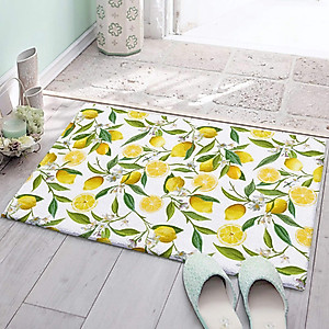OneHoney Super Cozy Shag Bath Rug Doormat,Summer Lemon Fruits Flowers Leaves Washable Microfiber Plush Floor Mat, Absorbent Floor Mats with Non Slip Backing for Bathroom Kitchen Bedroom Green Floral