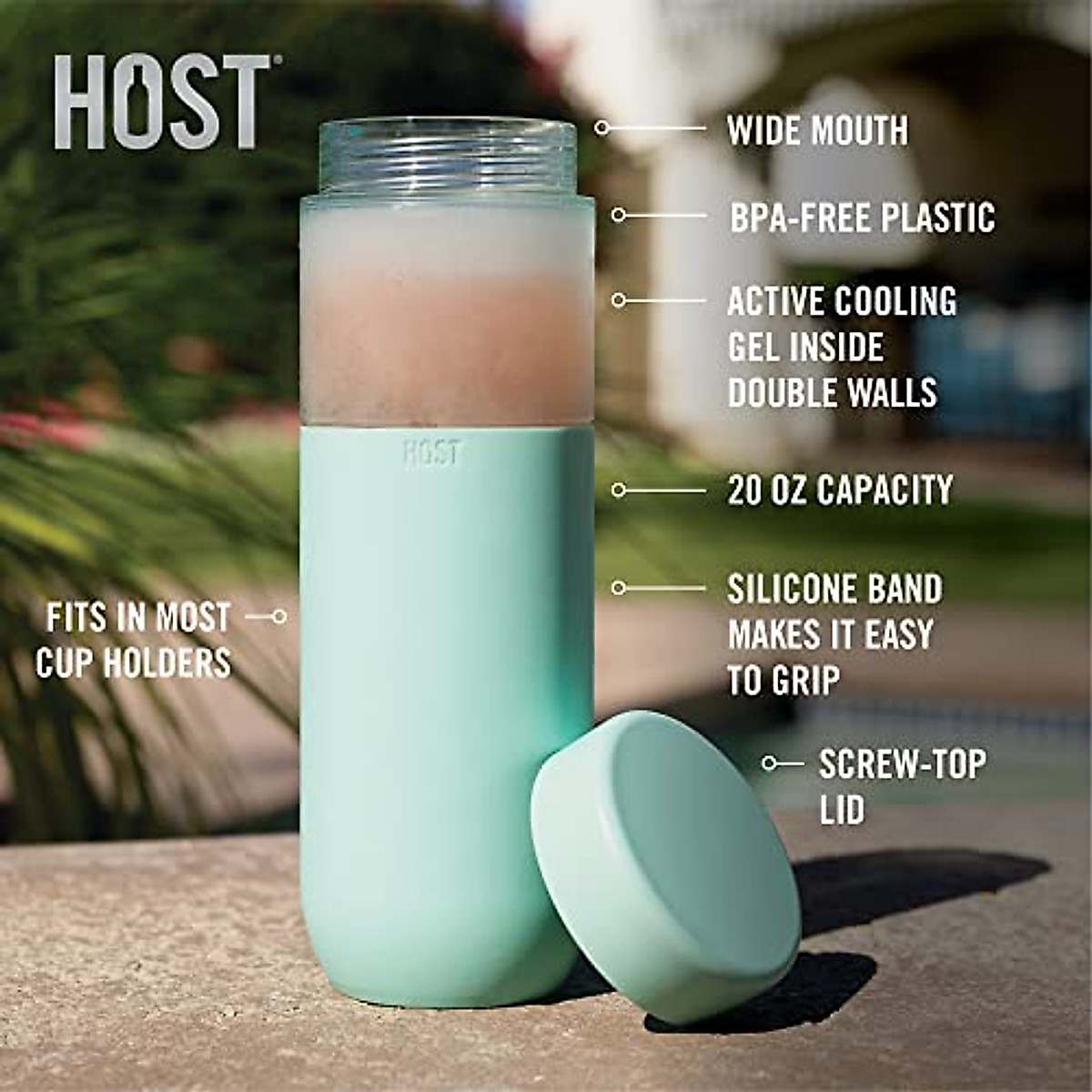 HOST Freeze Double Walled Insulated Water Bottle Freezer Tumbler with Active Cooling Gel Stainless Steel Lid and Silicone Grip, Set of 1 20 Oz Plastic Bottle, Mint