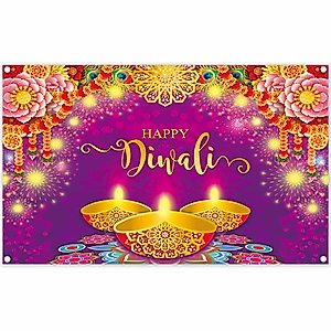 YCUCUEI 72x43inch Fabric Purple Happy Diwali Backdrop India Festival of Lights Photography Background Floral Peacock Feather Party Decoration Banner Photo Booth
