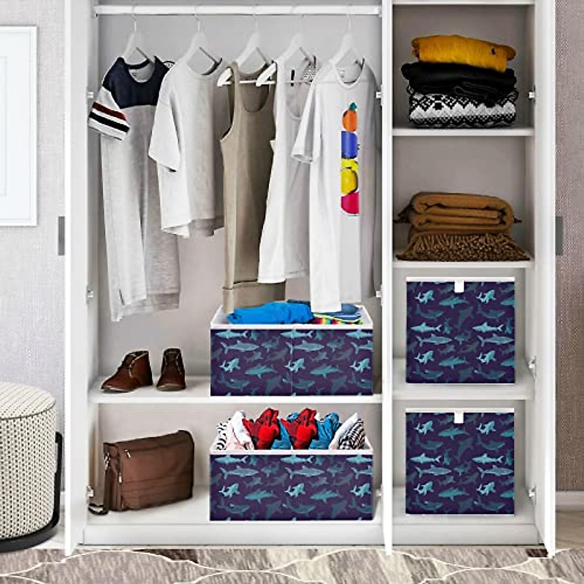 DOMIKING Little Shark Vector Collapsible Fabric Storage Cubes Bins with Handles Square Closet Organizer Waterproof Lining for Home Office Bedroom 11.02x11.02x11.02 Inches