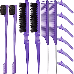 Remerry Nylon Hair Brush Set for Women & Girls, 12 Pieces Including 3 Row Salon Teasing Brushes, Double Sided Hair Edge Brush, Rat Tail Combs, Duckbill Clips - Purple